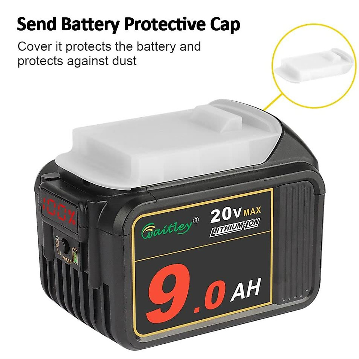 waitley 20V 9.0Ah Lithium Ion Battery Compatible with DEWALT DCB200 DCB209 Tools with LED Indicator