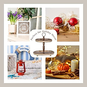 FESTWIND Oval Tiered Tray, Beaded Rustic Tiered Tray, Two Tiered Tray Stand for Kitchen Counter, Farmhouse Decorative Trays for Home Decor Distressed Brown