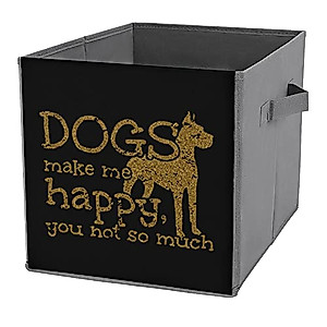 Dogs Make Me Happy PU Leather Collapsible Storage Bins Canvas Cube Organizer Basket with Handles