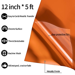 VINYL FROG Metallic Foil HTV Vinyl Roll 12"x5ft Orange Chrome Heat Transfer Vinyl Iron on Vinyl Easy to Cut & Weed DIY Heat Press Design for T-Shirts