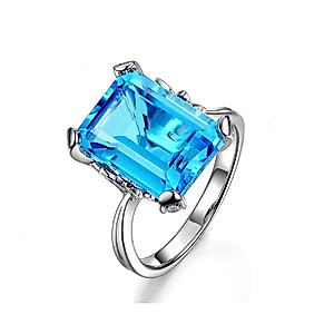 Uloveido Women's Emerald Cut Big Ocean Blue Cubic Zirconia Halo Wedding Ring White Gold Plated Solitaire Engagement Band Rings Nice Gift Ideas for Women Size 6 RJ292