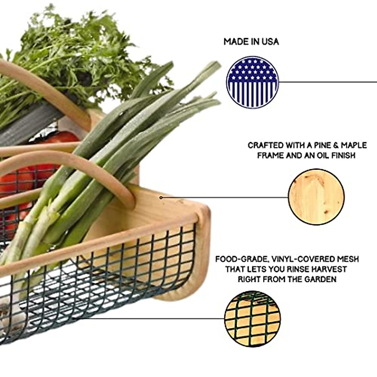 Gardeners Supply Company Large Garden Hod Harvest Basket | Versatile Gardening Fruits & Vegetables Gathering Basket | Natural Smooth Pine - Maple Frame & Coated Mesh | Easy to use - 9"L x 11"W x 11"H