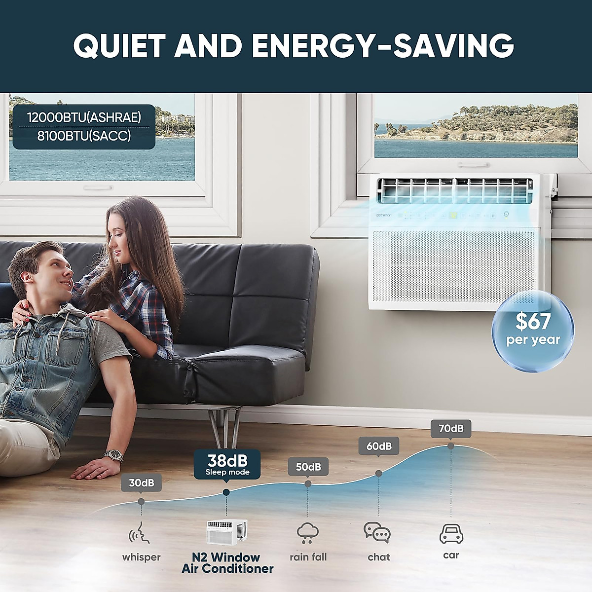 Upstreman 8100 BTU Window Air Conditioner, Cools up to 380 Sq. Ft, Full View, With Open Window Flexibility, Energy Saving, Remote Control (Fits up to 11" Wide Window Sill)-N2
