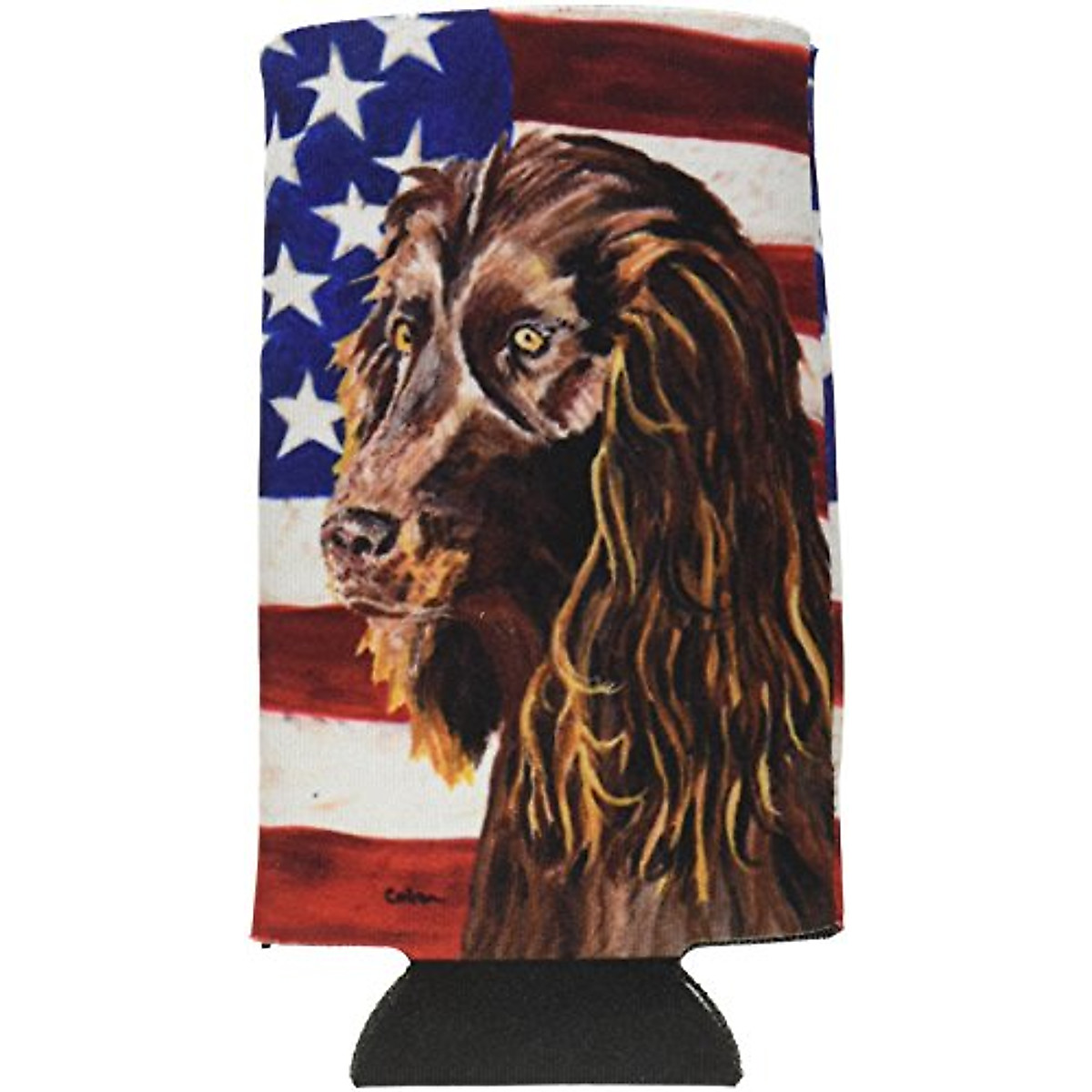 Caroline's Treasures SC9518MUK Boykin Spaniel with American Flag Ultra Hugger for slim cans Can Cooler Sleeve Hugger Machine Washable Drink Sleeve Hugger Collapsible Insulator Beverage Insulated Holde