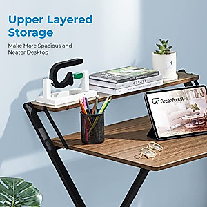 GreenForest Small Folding Desk No Assembly Required, Fully Unfold 27.3 x 22 inch 2-Tier Computer Desk with Shelf Space Saving Foldable Table for Small Spaces, Espresso
