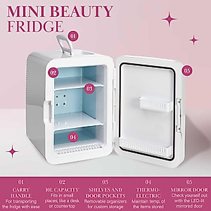 Paris Hilton Refrigerator and Personal Beauty Fridge, Mirrored Door with Dimmable LED Light, Thermoelectric Cooling and Warming Function for All Cosmetics and Skincare Needs, 10-Liter, White
