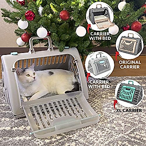 SportPet Designs Sport Pet Foldable Travel Cat Carrier with A Waterproof Bed - Front Door Plastic Collapsible Carrier, Gray (CM-10064-CS01)