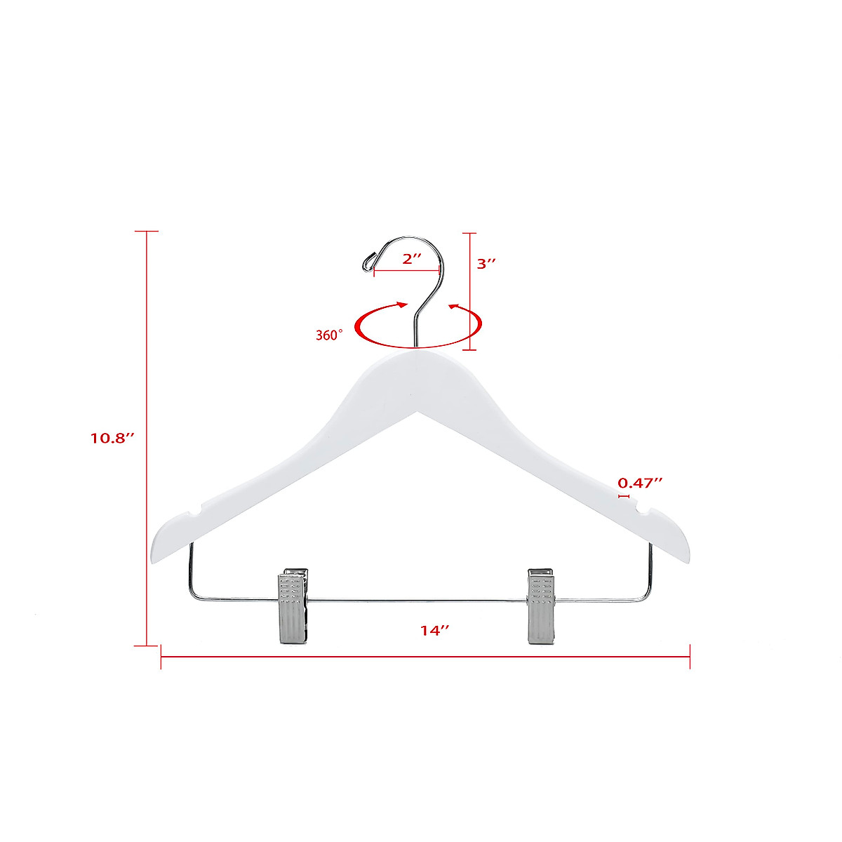 Quality Hangers 20 Pack Kids Skirt Hangers 14 Inches - Junior Preteen Youth Wooden Clothes Hanger with Curved Shoulder Swivel Chrome Hook Adjustable Metallic Clips & Nonslip Notches (White, 20)