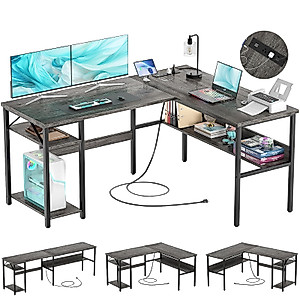 Hyomdeck Reversible L Shaped Gaming Desk with Power Outlets and USB Charging Ports, Sturdy Computer Desk with Storage Shelf, Modern Corner Desk Home Office Table, Easy to Assemble, Gray Oak