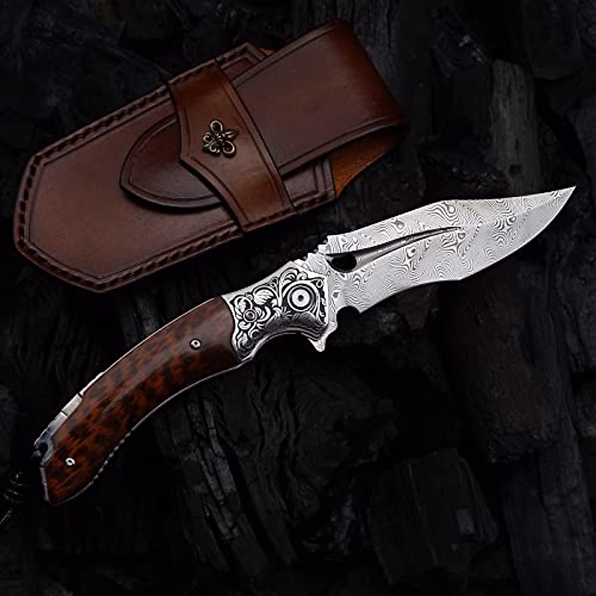 SPIRIT DEED Japanese VG 10 Damascus Steel Folding Knife, Outdoor Wilderness Survival Pocket Knife, Snake Wood Handle Lined Lock, Leather Sheath, EDC Pocket Knife