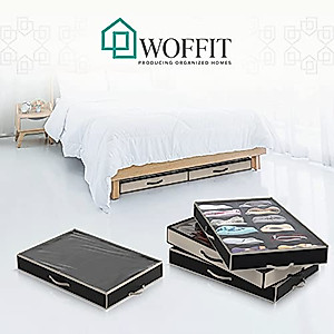 Woffit Under Bed Shoe Storage Organizer – Set of 2 Large Containers, Each Fit 12 Pairs of Shoes – Sturdy Box w/Strong Zipper & Handles – Underbed Organizers for Kids & Adults