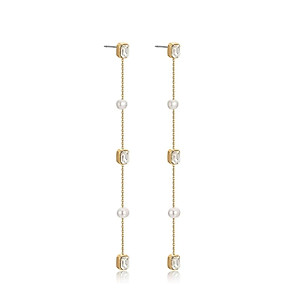 Ettika Gold Earrings. Pearl Earrings For Women. Freshwater Pearl and Crystal Linear 18k Gold Plated Dangle Earrings. Birthday Gifts For Women