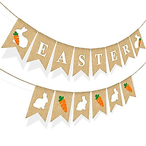 Burlap Easter Banner Easter Bunny Banner Easter Decorations Burlap Bunting Photo Props for Spring Themed Party Favors Supplies, Happy Easter Day Home Decor for Mantle Fireplace