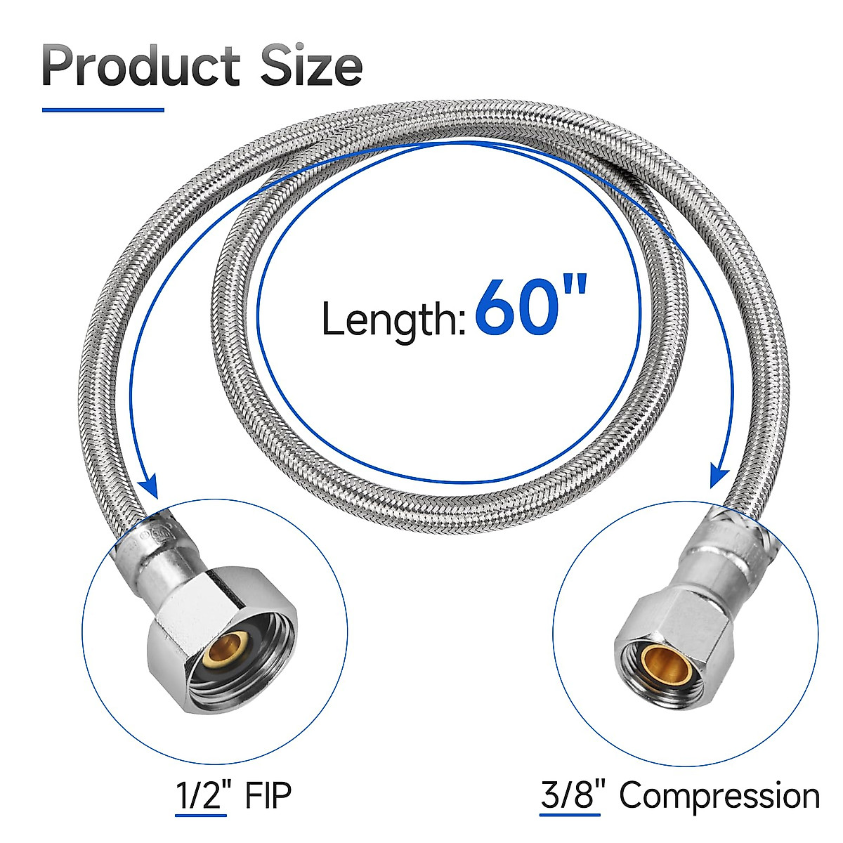 JUWO 60" Faucet Supply Line, 3/8" Comp x 1/2" FIP Stainless Steel Kitchen Faucet Hose Connector, For Large Residence or Outdoor Use with Extra Long Distance (2-Pack)