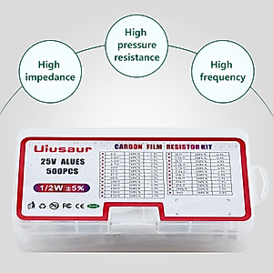 Uiusaur 500pcs 25 Value Carbon Film Resistors Assortment Kit 1 Ohm-1M Ohm with 5% 1/2W for Industrial Electrical and Arduino， TV, LCD Monitor, Radio, Stereo, Game, Refrigerator, Water Heater, etc.
