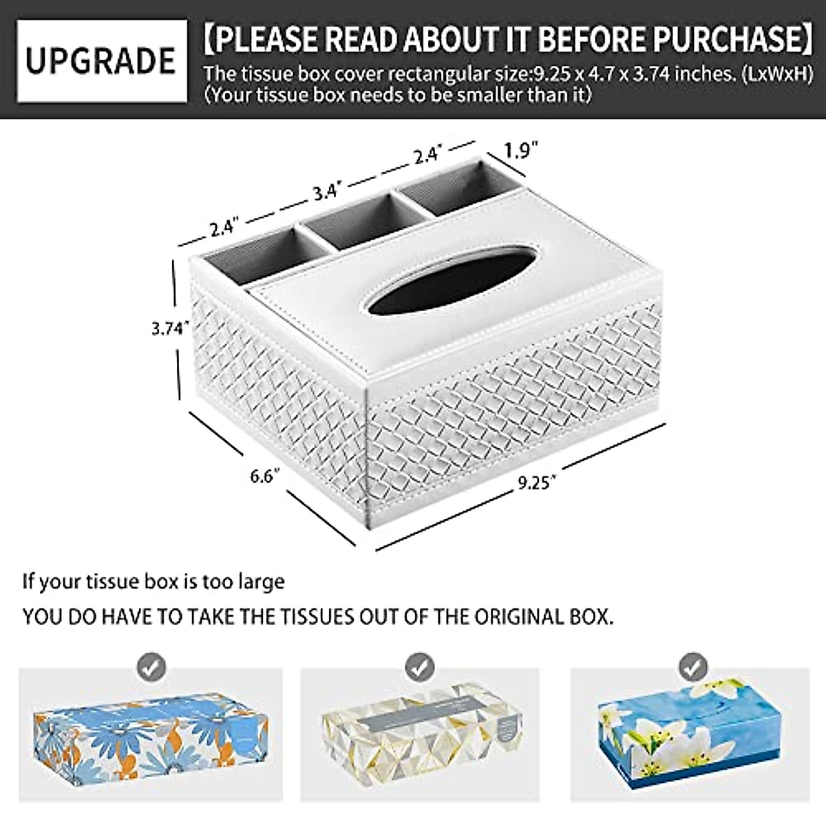 Rectangular Tissue Box Holder, PU Leather Braided Pattern Tissue Box Cover with Storage, Multifunctional Napkin Holder Tissue Dispenser Desk Organizer TV Remote, Phone, Glasses, for Home/Office Desk