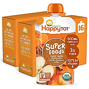 HAPPYTOT Organics Super Foods Stage 4, Apples, Sweet Potatoes, Carrots & Cinnamon + Super Chia, 4.22 Ounce Pouch (Pack of 16)