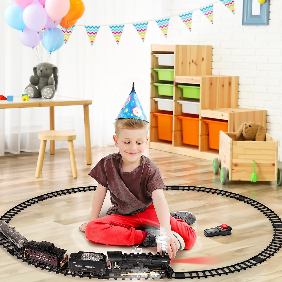 Hot Bee Train Set for Boys - Remote Control Train Toys w/Steam Locomotive, Cargo Cars & Tracks,Trains w/Realistic Smoke,Sounds & Lights,Christmas Train Toys for 3 4 5 6 7+ Years Old Kids