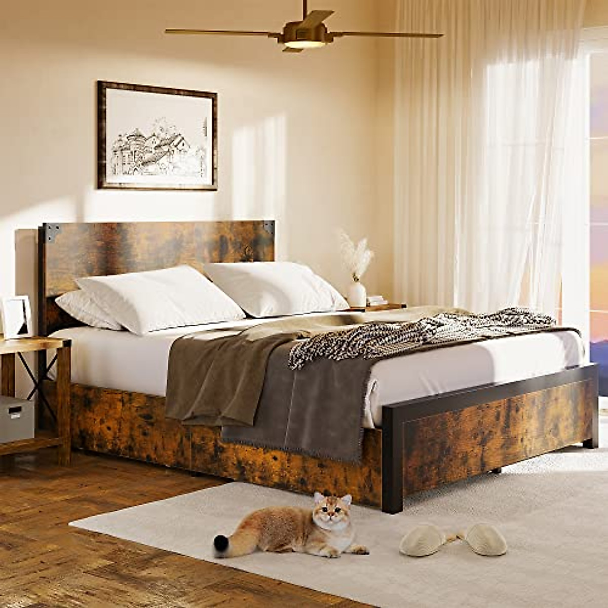 Amyove Queen Bed Frame with Storage, Queen Siz Bed Frame with 4 Drawers, Rustic Wood and Metal Bed Frame with Large Storage, Noise Free, No Box Spring Needed