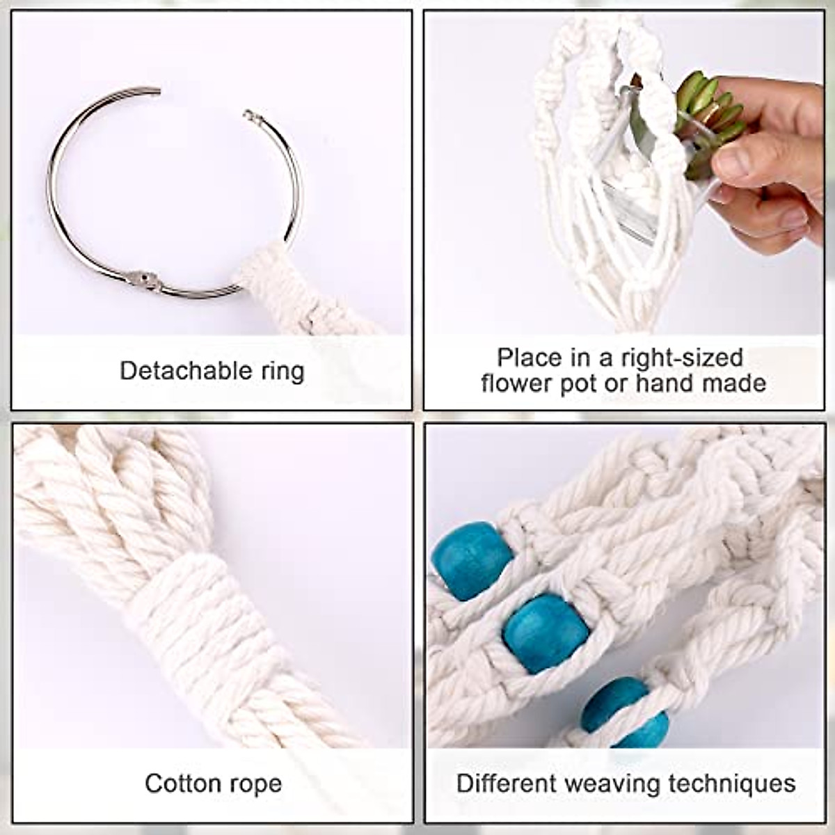 SAVITA 4 Pcs Car Plant Hangers, Mini Macrame Plant Hanger, Rear View Mirror Charm Hanging Plant Holder Accessories for Succulent Chlorophytum Car (White, 4 Styles)