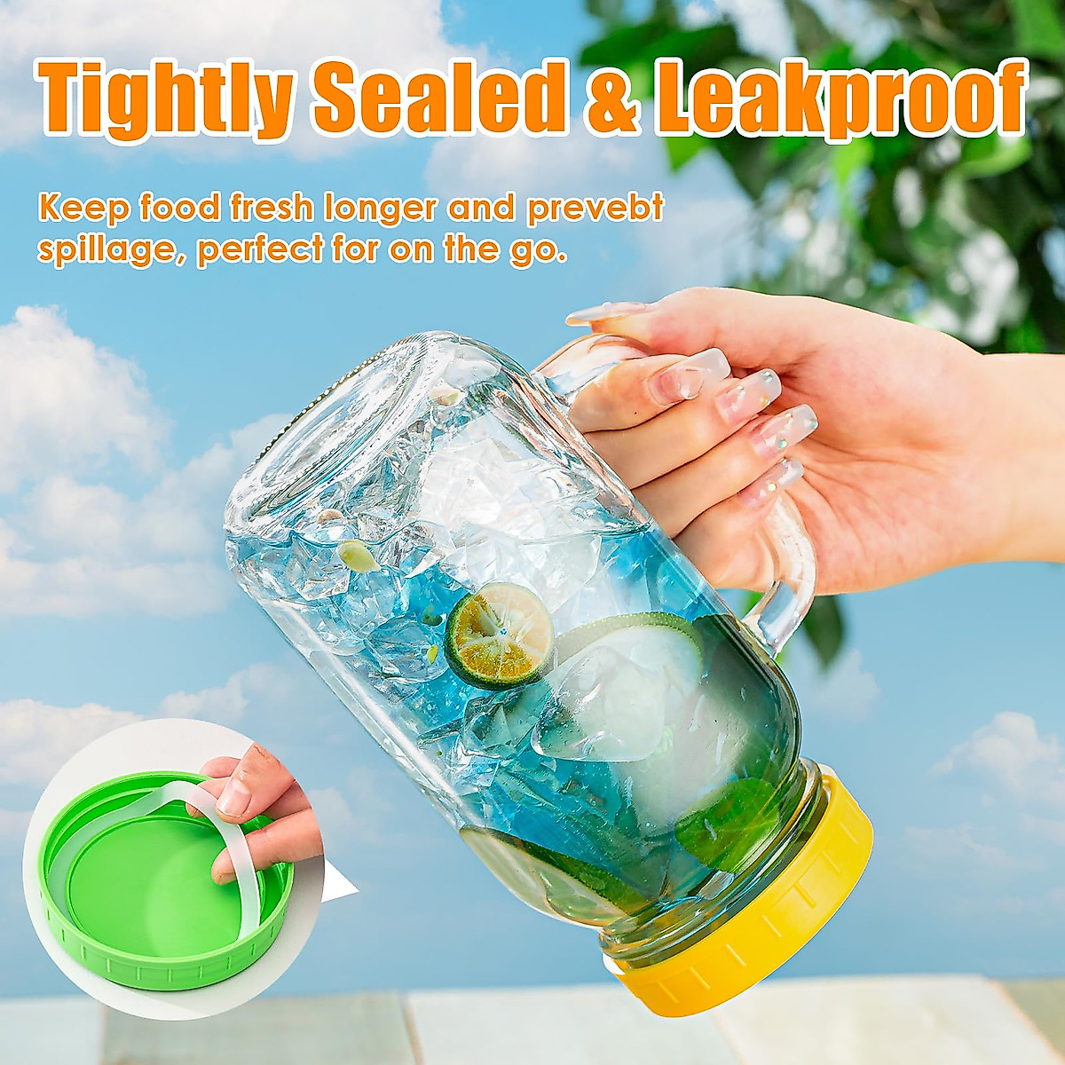 wookgreat Mason Jars with Handle, 6 Pack 24oz Mason Jar Drinking glasses with lid and straw, Mason Jar Cups, Regular Mouth Mason Jar mugs for Iced Coffee, Smoothie, Airtight Lids for Food Storage