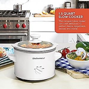 Elite Gourmet MST-250XW# Electric Slow Cooker Ceramic Pot, with Adjustable Temp, Entrees, Sauces, Soups, Roasts, Stews & Dips, Dishwasher Safe (1.5 Quart, White)