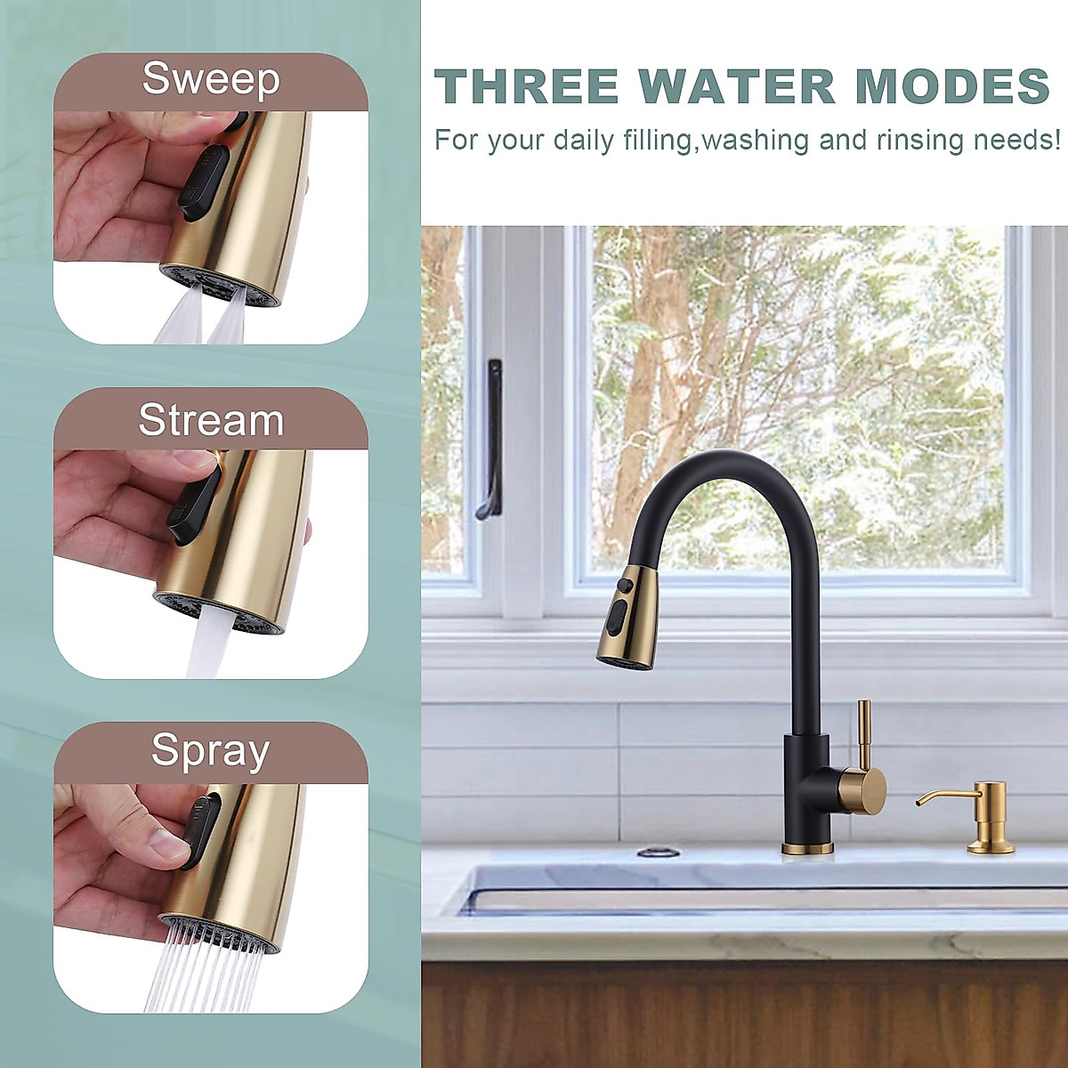 Black and Gold Kitchen Faucet with Soap Dispenser, WOWOW Stainless Steel Kitchen Sink Faucet Single Handle High Arc Utility Sink Faucet for Sink, RV, Laundry, Bar