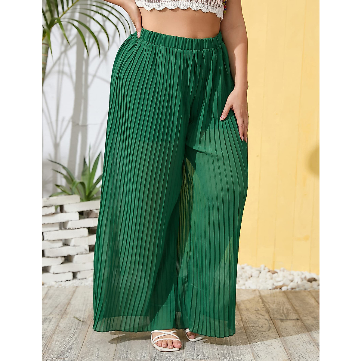 KOJOOIN Women Plus Size Pleated Wide Leg Palazzo Pants Elastic High Waist Loose Fit Chiffon Summer Casual Pants Green 2XL
