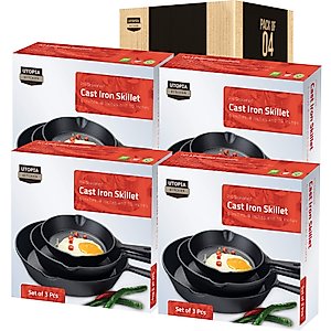 Utopia Kitchen Pre-Seasoned Cast Iron Skillet Set 3-Piece - 6 Inch, 8 Inch and 10 Inch (Bulk Pack of 4)