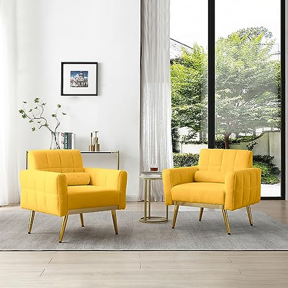 Penifun Teddy Accent Modern Side Gold Legs & Waist Pillow, Single Sofa Couch Armchair Reading Chairs for Living Waiting Room Bedroom Yellow