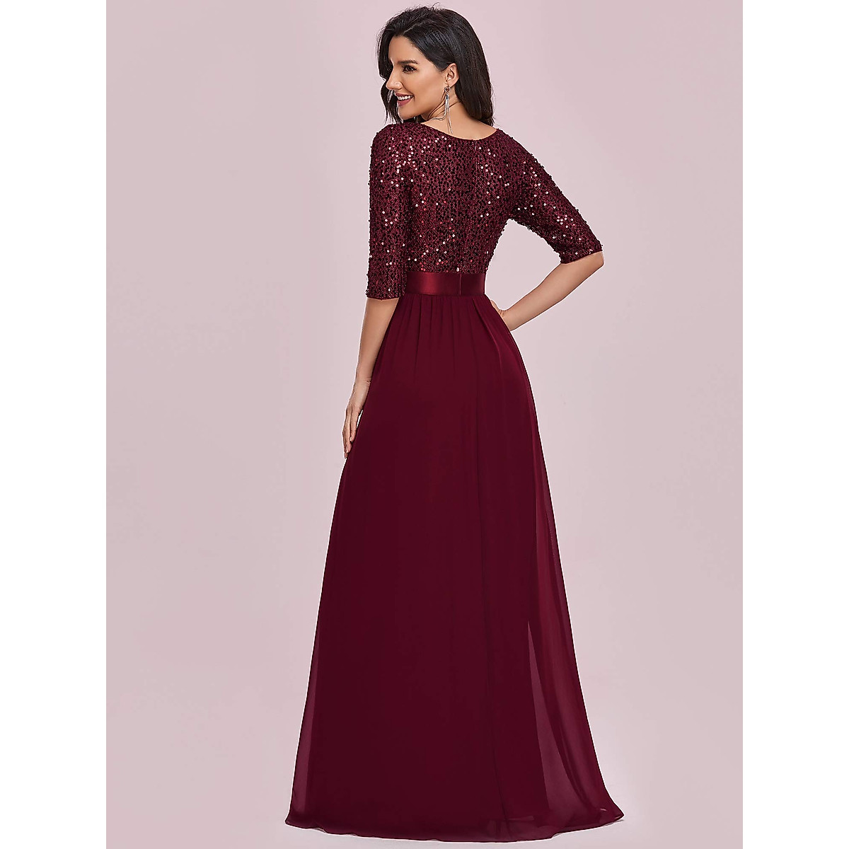Ever-Pretty Women's Elegant A Line Crew Neck Half Sleeve Sequin Maxi Evening Dress Burgundy US24