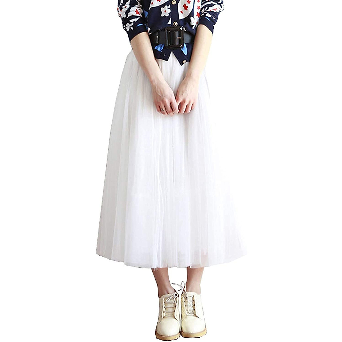 LBKKC Women's Midi Tulle Skirt Elastic Waist 3 Layered Mesh Formal Prom Party Tutu Skirt A Line(L,Off White)