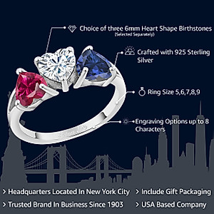 Gem Stone King 925 Sterling Silver Customized and Personalized Name Engraved 3 Heart Shape 6MM Gemstone Birthstone Mothers Ring For Women (Size 9)