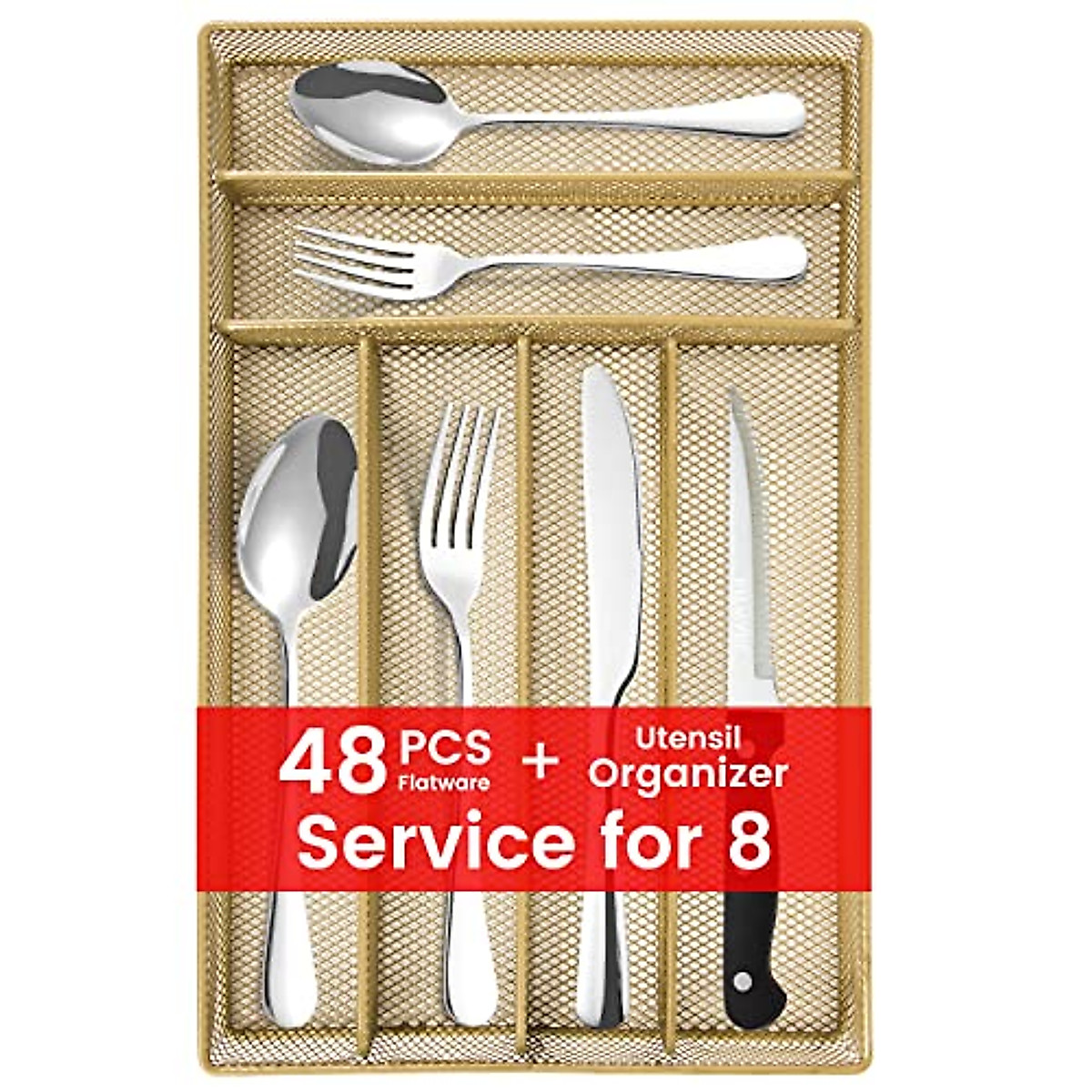 48 pieces Silverware with orgainzer, KITWARE Flatware Service for 8, Stainless Steel Utensil with metal tray, Home & Kitchen Mirror Polish Cutlery, Dishwasher Safe