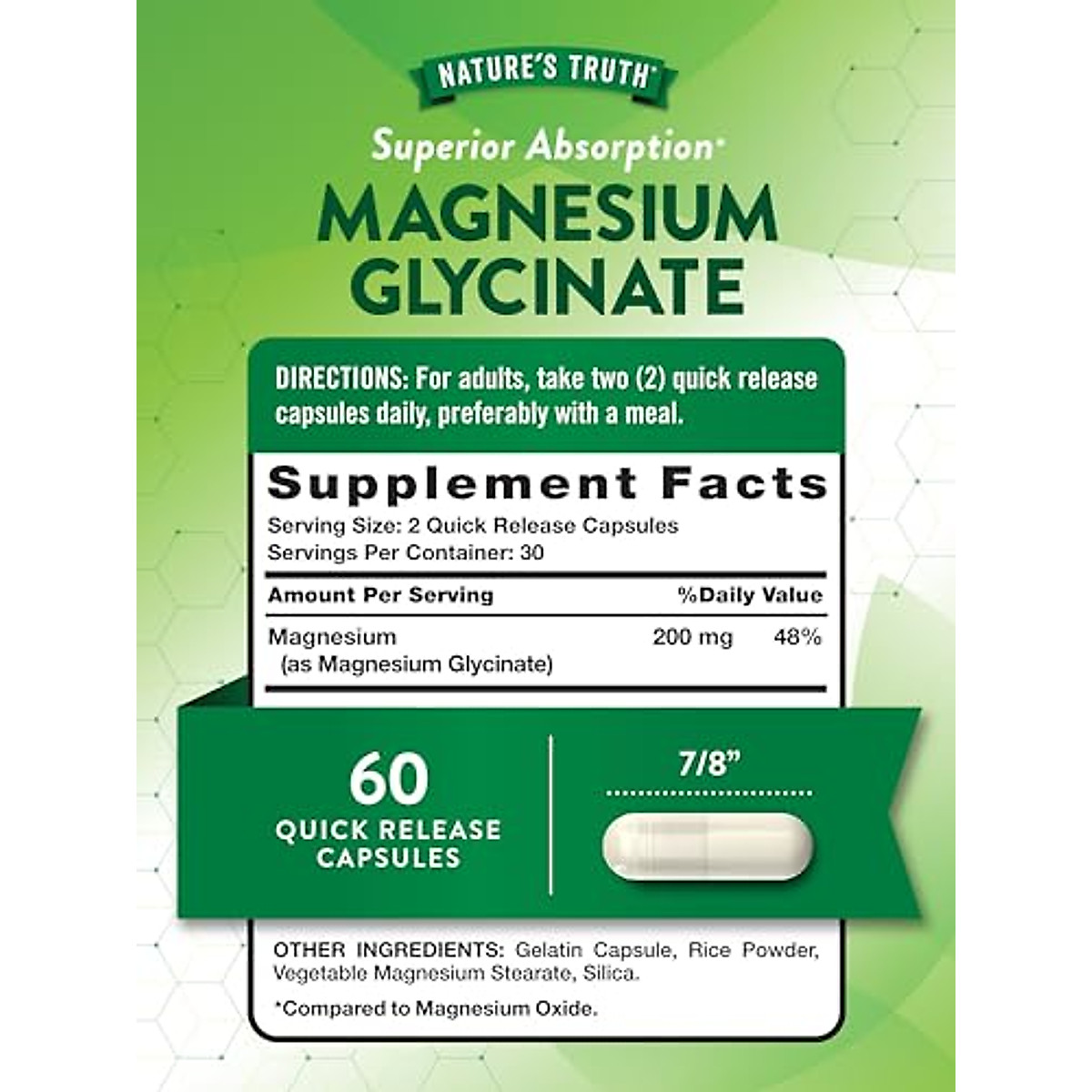 Magnesium Glycinate Capsules | 200mg | 60 Count | Chelated Superior Absorption Formula | Non-GMO & Gluten Free Supplement | by Nature's Truth