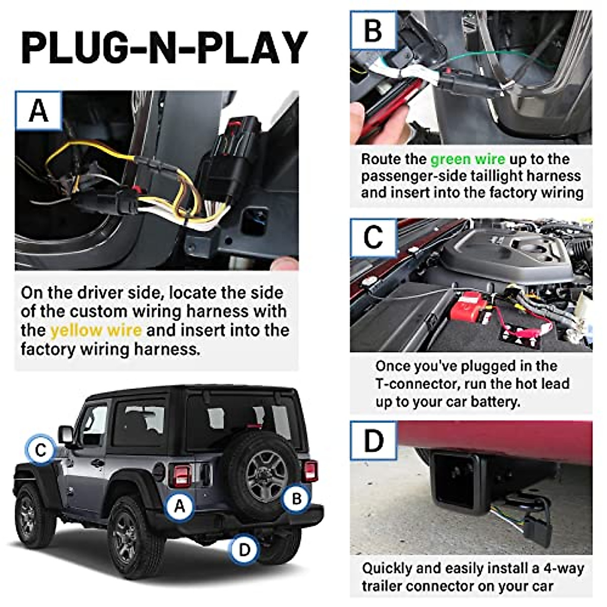 MECMO 56407 4-Pin Trailer Wiring Harness for 2018-2023 Jeep Wrangler JL/JLU, 2020-2023 Jeep Gladiator JT, 19-23 Jeep Wrangler Unlimited, Towing Hitch Wiring for JL Trailer Light Connect