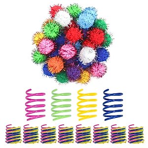 SEVENKA Cat Toys 30 Pcs Color Flash Balls and 36 Spring Toys, 1.1in Small Soft Cat Toy Ball Tinsel Pom Poms, Kitten Toys, Plastic Spiral Springs for Cat Swatting, Biting, Hunting, Active Healthy Play