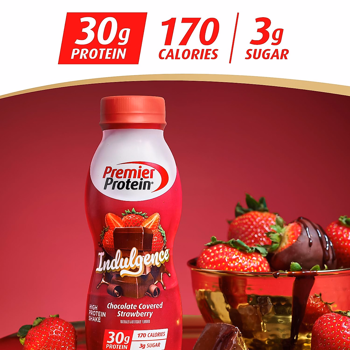 Premier Protein Indulgence Protein Shake, 30g Protein, 3g Sugar, Chocolate Covered Strawberry, 11.5 fl oz, Pack of 12