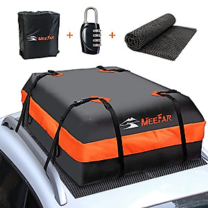 MeeFar Car Roof Bag XBEEK Rooftop top Cargo Carrier Bag Waterproof 15 Cubic feet for All Cars with/Without Rack, Includes Anti-Slip Mat, 8 Reinforced Straps, 6 Door Hooks, Luggage Lock