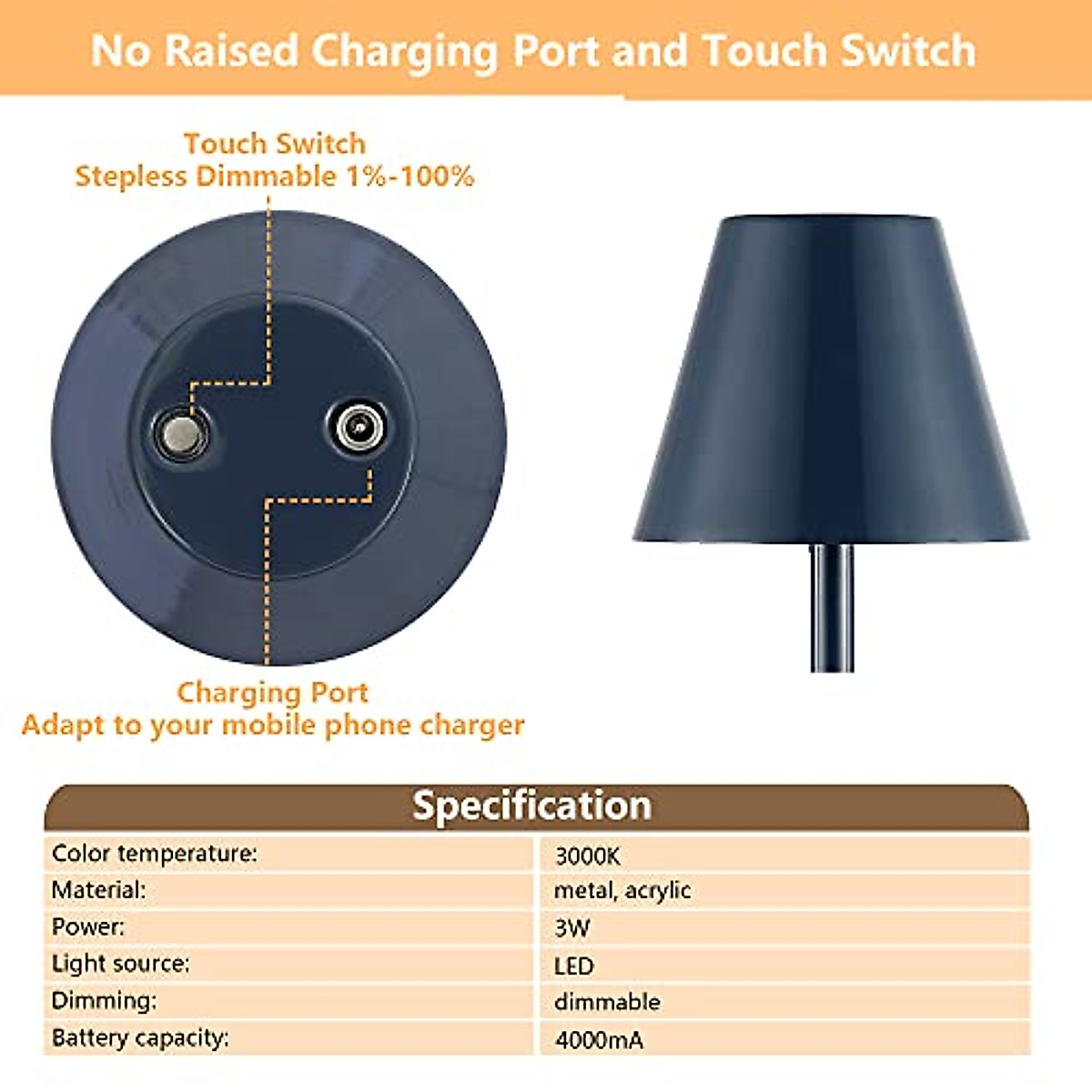 LEDLUX Cordless LED Table Lamp, Rechargeable Desk Lamp, Wireless Small Night Light, Metal Modern Desk Light, Stepless Dimming, Touch Switch, for Bedroom/Coffee Table/Restaurant/Garden(Blue,1 Pack)