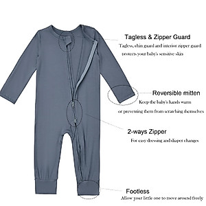 Aablexema Baby Footless Pajamas Zipper with Mitten, Rayon from Bamboo, Infant Long Sleeve Romper Pjs(Olive & Moonlight Blue,0-3m)