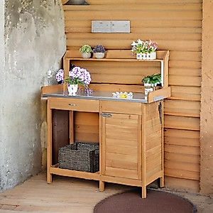 Topeakmart Outdoor Potting Bench Table Work Station Garden Planting with Cabinet & Drawer & Top Shelf & Lower Shelf Natural Wood