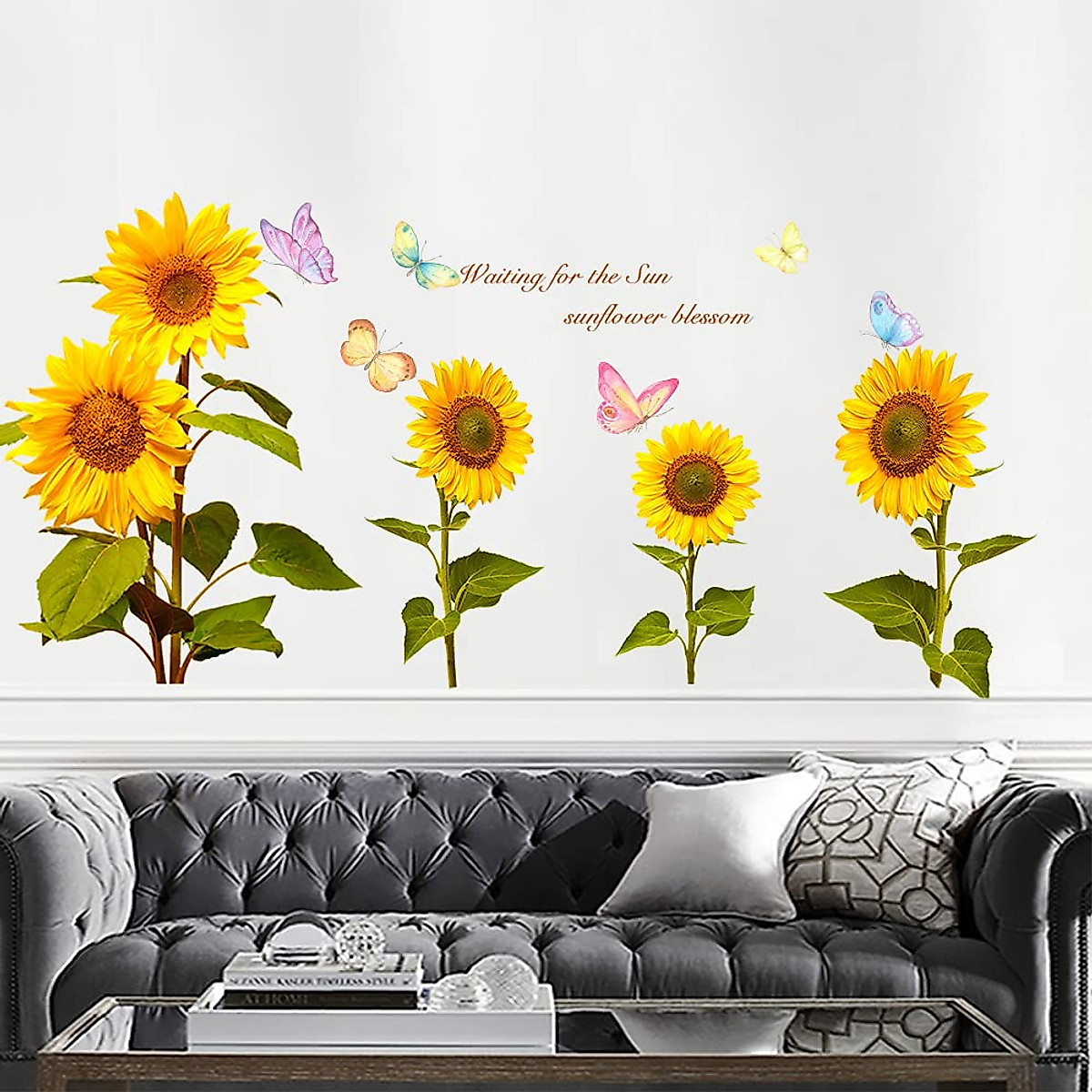 Sunflower Wall Decals Butterfly Sticker Garden Sun Flowers Plants Wall Sticker for Bedroom Living Room Kids Room Kitchen TV Background Wall Decoration Art Decor Sunflowers Wallpaper Peel & Stick