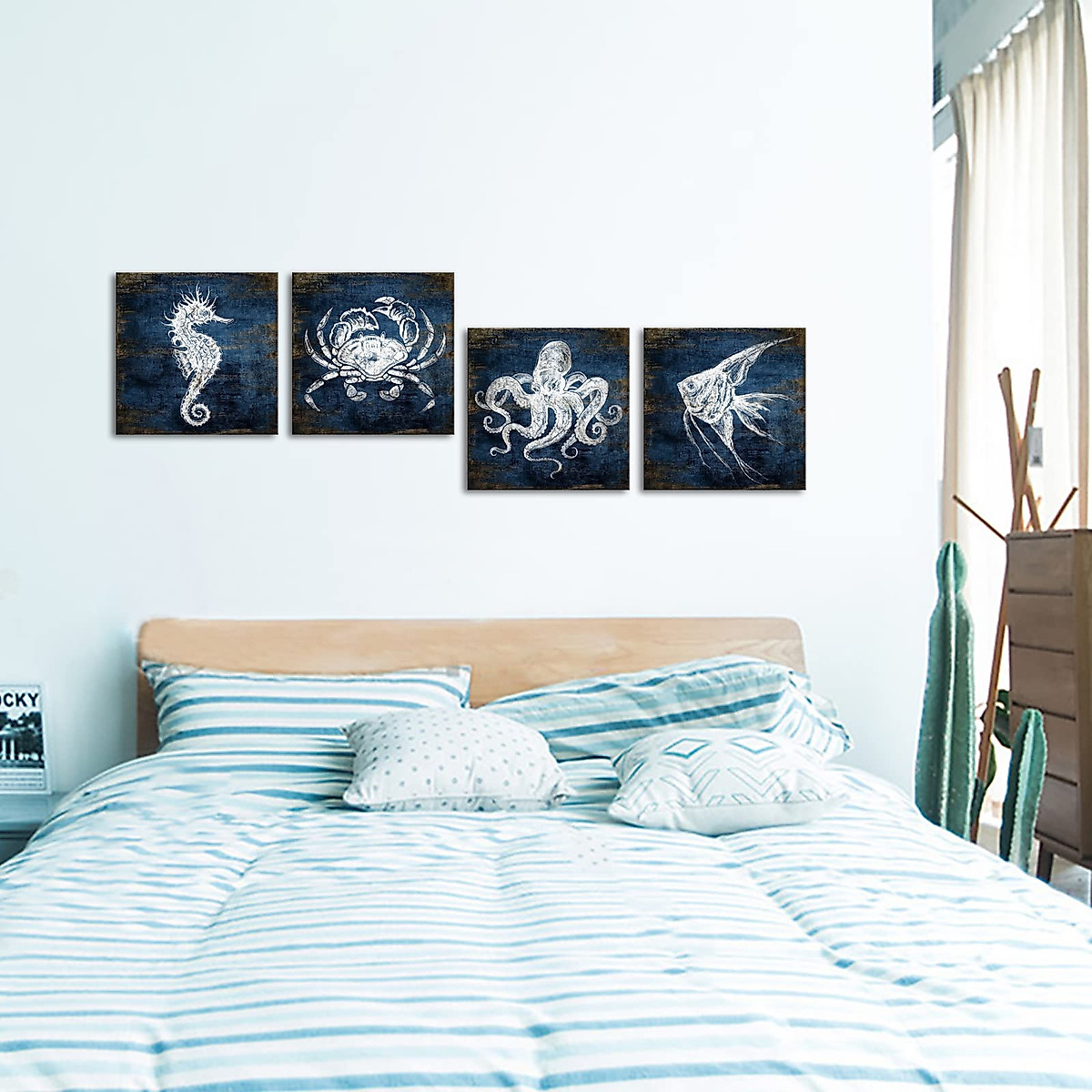 KLVOS Navy Blue Ocean Animal Art Prints Angle Fish Octopus Seahorse Crab Canvas Pictures Modern Bathroom Wall Decor Framed for Kids Baby Nursery Wall Art 12x12inx4pcs