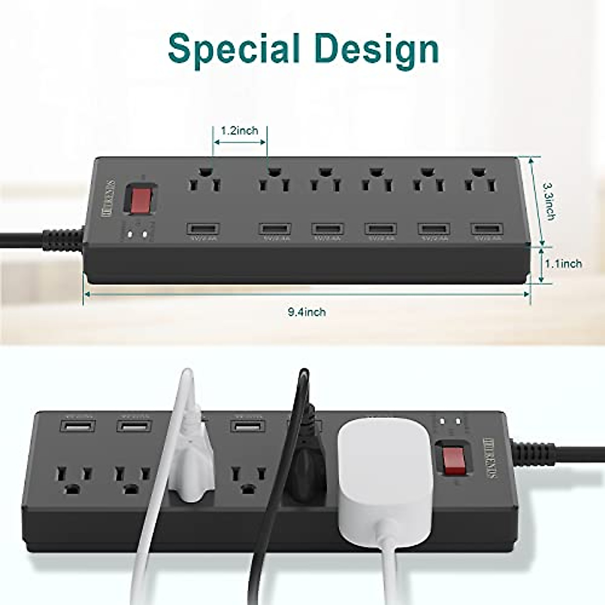 Power Strip, HITRENDS Surge Protector with 6 AC Outlets & 6 USB Charging Ports, 6 Feet Heavy Duty Extension Cord, 1625W/13A Multiplug for Home Office & Multiple USB Devices - Black