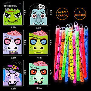 24 Pcs Halloween Party Favors Glow Stick with Gift Cards,Halloween Light Up Toys Bulk Hanging Wands,Halloween Decoration Goodie Bags Fillers Basket Stuffers Classroom Prizes for Kids Trick or Treats