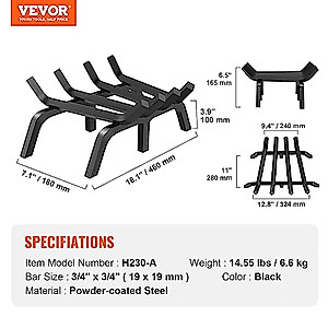 VEVOR Fireplace Grate, 18 inch Heavy Duty Fireplace Pit Grill Grate with 6 Support Legs, 3/4'' Solid Powder-Coated Steel Bars, Fire Logs Firewood Burning Rack Holder for Indoor and Outdoor Fireplace