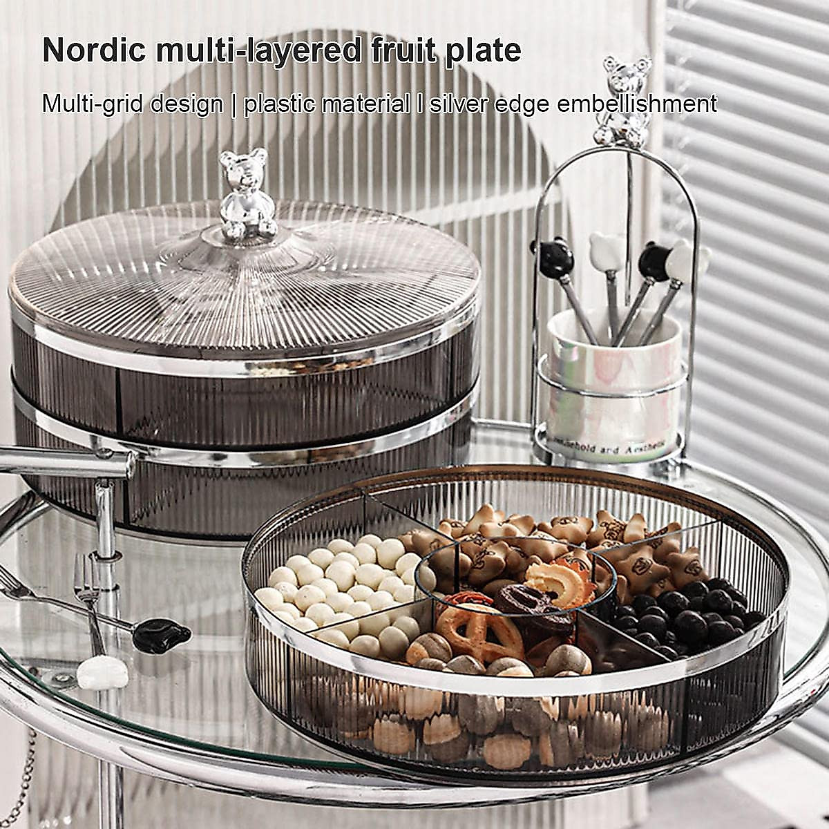Snack Serving Tray, Dry Fruit Snack Relish Tray with Lid, 5 Compartments Snack Trays for Party, Plastic Appetizer Tray, for Dried Fruits, Nuts, Candies, Sweet Cookies and Fruits