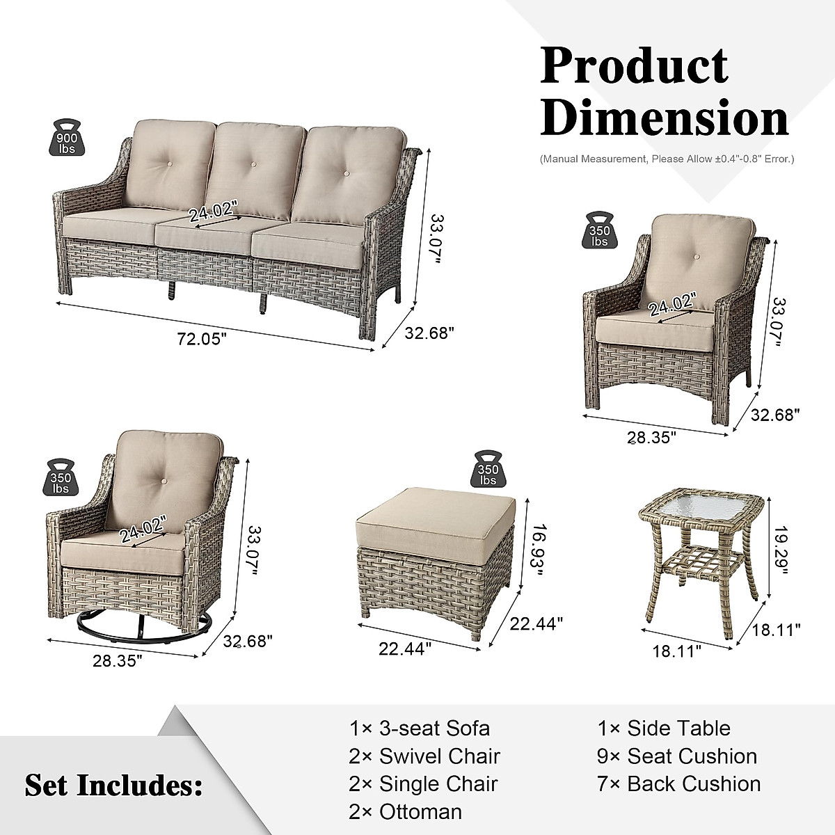 XIZZI Wicker Outdoor Furniture Patio Furniture Set - Patio Conversation Set,Outside Rattan Sofa Set for Garden,Poolside,Backyard,Deck (Beige, 8PCS,9 Seats+Coffee Table)
