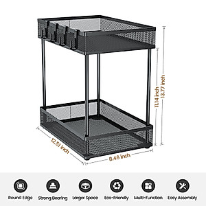 Under Sink Organizers and Storage, Bathroom Cabinet Organizer and Storage, 2 Tier Under Cabinet Organizers and Storage with 4 Hooks, Metal Kitchen Sink Storage Organizer with Non-slip Feet-2 Pack